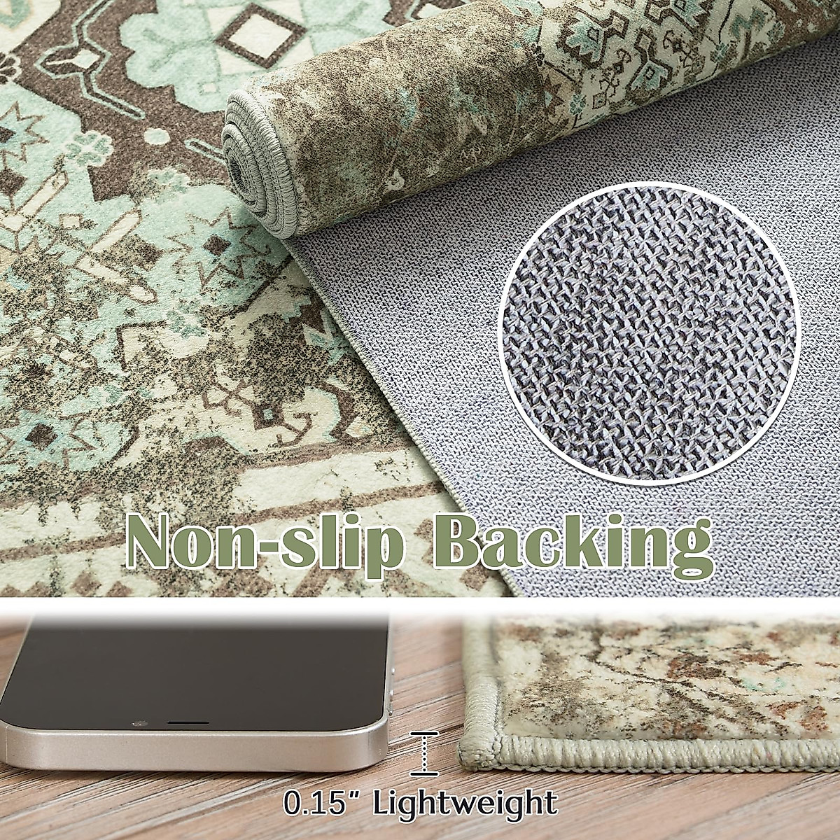 jinchan Boho Area Rug 2x3 Vintage Entryway Rug Patchwork Washable Rug Tribal Doormat Kitchen Rug Floral Print Rug Decor Indoor Non Slip Soft Carpet for Bedroom Bathroom Home Office Brown/Teal