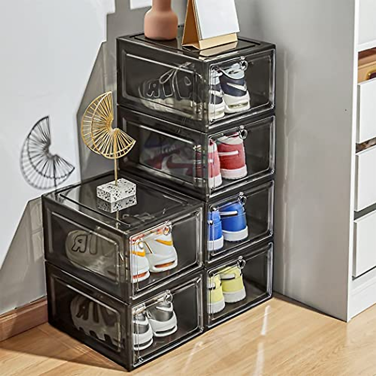 BYFU Shoe Box Drop Front Set of 6, Plastic Stackable Shoe Storage Boxes with Lids, Sneaker Display Case Shoe Organizer Bins for Closet, Easy Assembly (Dark Grey)