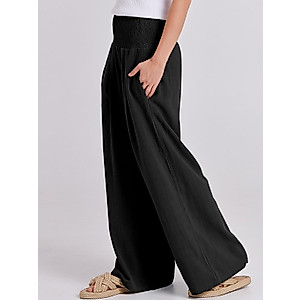 ANRABESS Women Linen Palazzo Pants Summer Boho Wide Leg High Waist Casual Lounge Pant 2024 Beach Travel Vacation Outfits Black Medium