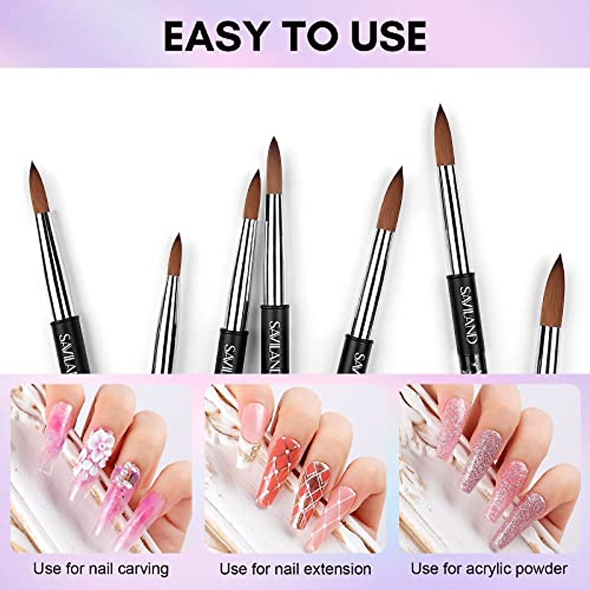 Saviland 11PCS Kolinsky Acrylic Nail Brush set - Size 4/6/8/10/12/14/16 Acrylic Powder Brushes for Acrylic Nails Extension & 3D Nail Carving