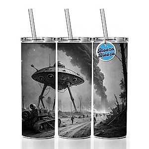 Martian Alien Invasion Tripod War Machine Retro Black and White Skinny Tumbler 20oz with Straw Insulated Water Bottle Gift