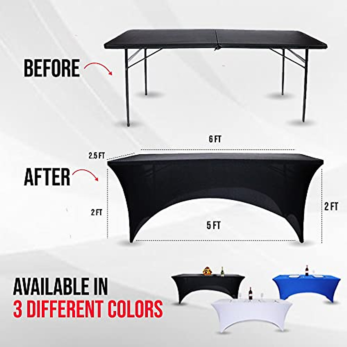 Leoa's Lux 2 Pcs Black Spandex Table Covers 6ft Fitted Tablecloth Stretch for Standard Folding Tables - Elastic Rectangular Wrinkle Resistant Massage Table Clothes for 6 Foot Rectangle Tables
