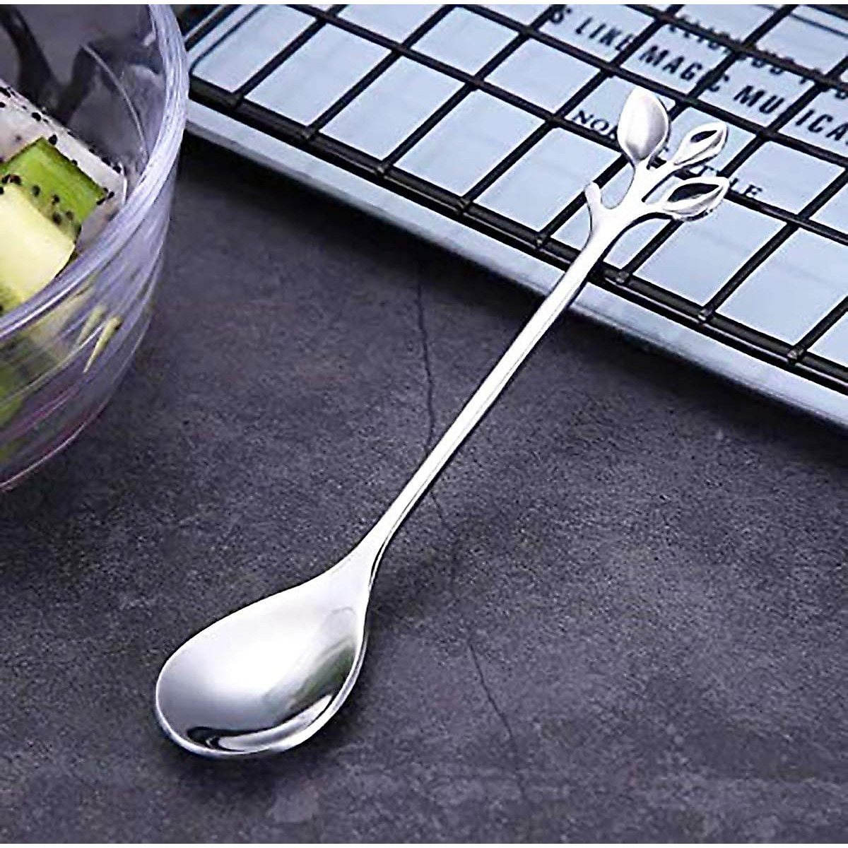 Stainless Steel Leaf Coffee Spoon, SZBAIDEKJ 10 Pcs Creative Tableware Dessert Spoons, Stirring, Mixing, Sugar, Stir, Ice Cream Teaspoon Set (Silver)