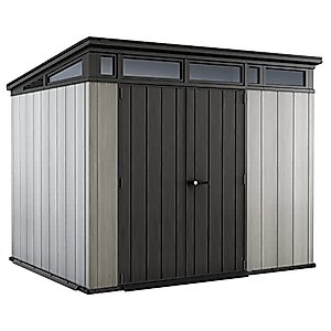 Keter Artisan 9x7 Foot Large Outdoor Shed with Floor with Modern Design for Patio Furniture, Lawn Mower, Tools, and Bike Storage, Grey