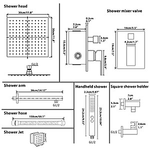 RUMOSE Rainfall Shower System with 4 Full Body Jet 4 Mode Shower Faucet Set with 12 Inch Rain Shower Head and 2 in 1 Handheld Spray, Matte Black Brass Shower Jet Shower Fixtures, Wall Mounted