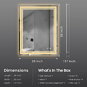 IOWVOE LED Bathroom Mirror 36 x 28 Inch with Front Light, Wall Mounted Lighted Vanity Mirror with Anti-Fog, Warm Lights, Memory Function (Horizontal/Vertical)