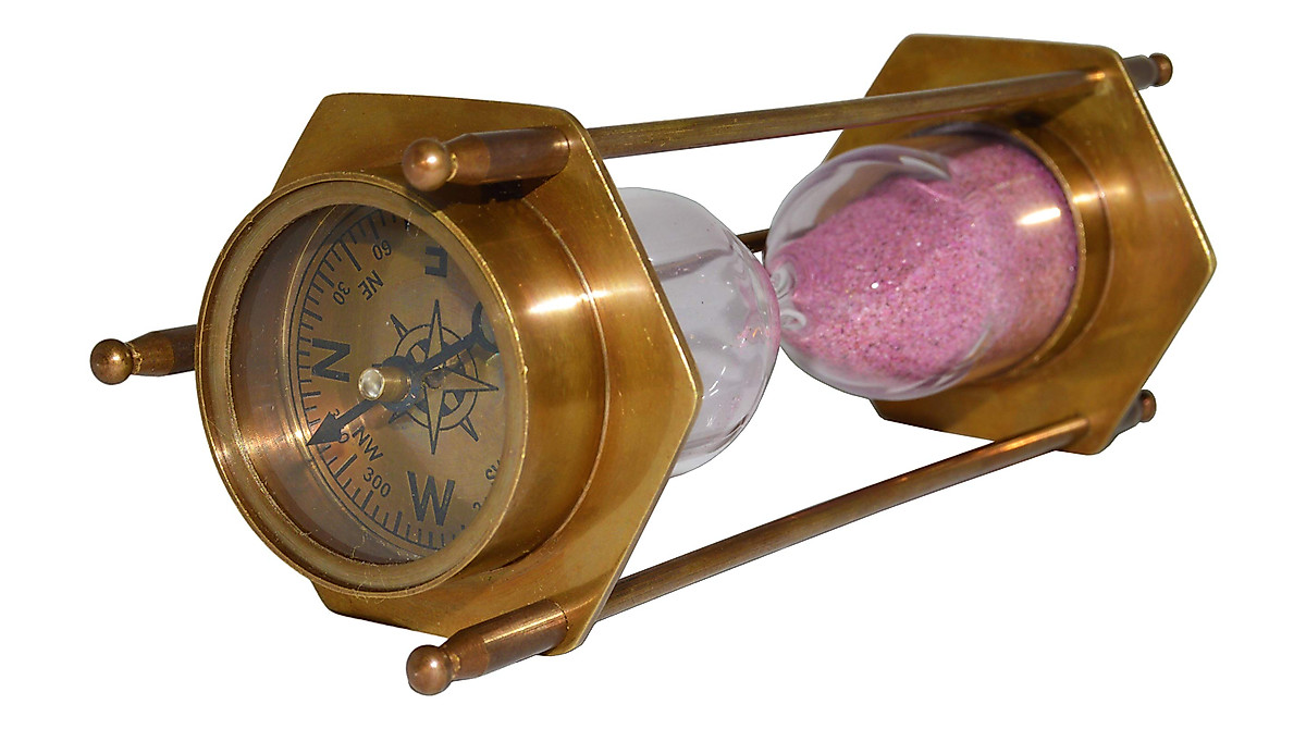 Brass Pirate Hourglass with Timer & Compasses | Nautical Decor