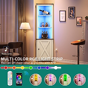 YITAHOME Corner Storage Cabinet with LED Light, Farmhouse Tall Corner Cabinet with Barn Door Design & Adjustable Shelf, Home Space Saver for Bathroom/Living Room/Laundry Room, White