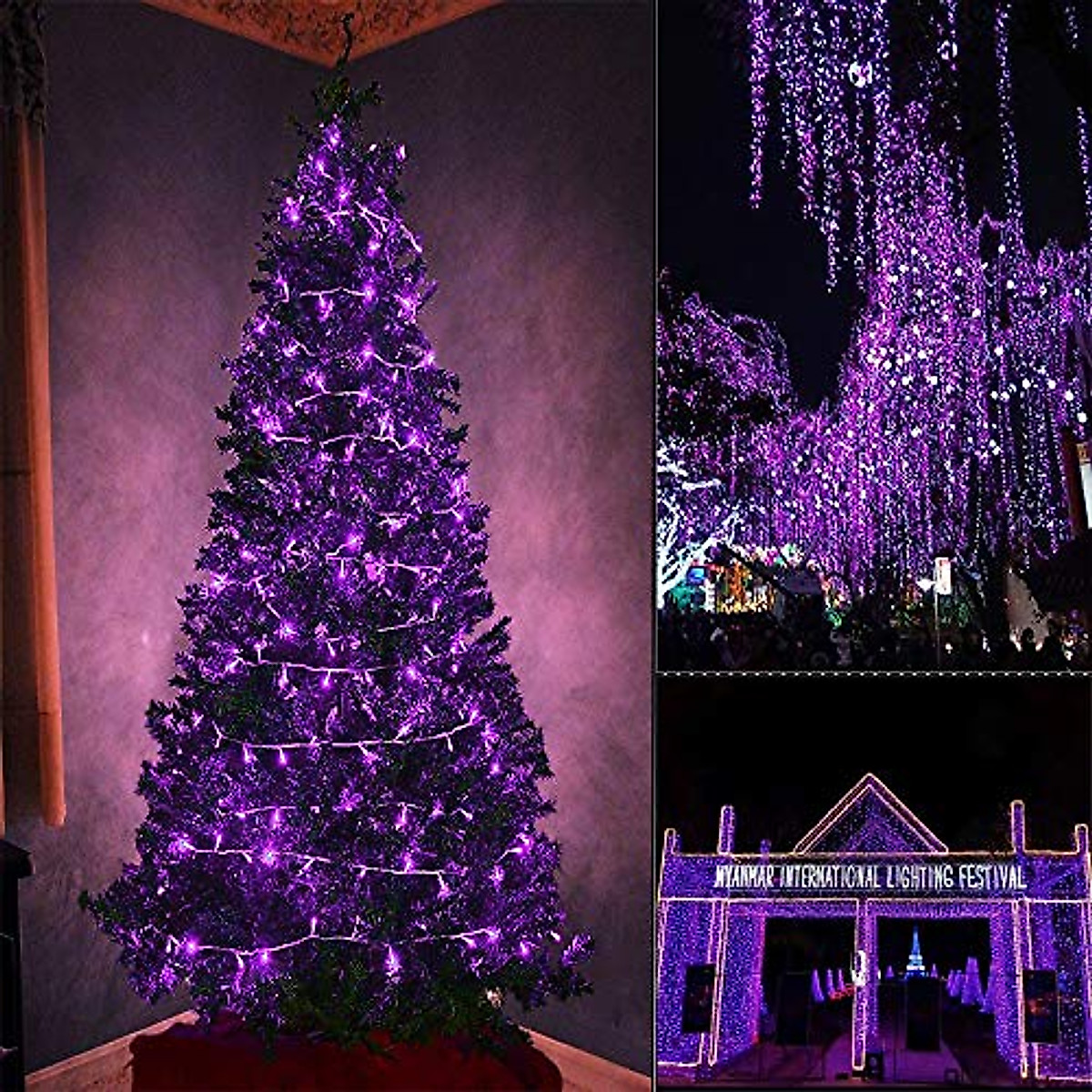 Outdoor Christmas String Lights, 320 LED 35m/115ft Indoor Waterproof 8 Modes Fairy Twinkle Lights End-to-End Plug in, for Christmas Tree Garden Wedding Party Home Patio Lawn Decoration (Purple)