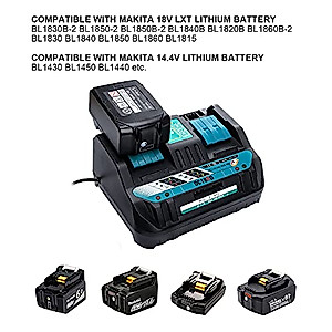 18V DC18RD Dual Ports Battery Charger for Makita 14.4V-18V LXT Lithium-Ion Battery BL1415 BL1430 BL1830 BL1840 BL1850 BL1850B BL1860B BL1860 BL1815, Hiesuan Replace DC18RC DC18SF DC18RT