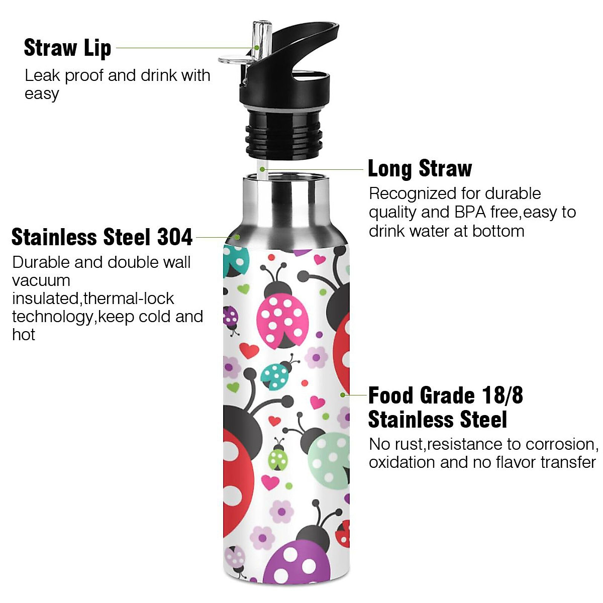 KEEPREAL Ladybug Water Bottle with Straw, 22 OZ Sports Water Bottle BPA Free Stainless Steel Water Jugs for Gym, Travel, Working, Outdoor