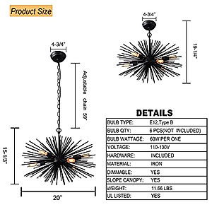 Tescruant Modern Black Sputnik Chandelier Vintage 6-Lights Geometric Black Chandelier Lighting Fixture Farmhouse 20" Firework Chandelier for Dining Room, Bedroom, Living Room, 12LB Solid Metal, E12