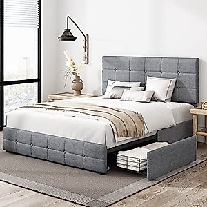 Keyluv Modern Upholstered Queen Bed Frame with 4 Storage Drawers, Platform Bed with Button Tufted Headboard, Solid Wooden Slat Support, Easy Assembly, Grey