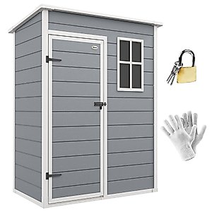Outsunny 5' x 3' Resin Outdoor Storage Shed with Floor, Garden Shed with Lockable Door, Window and Vent, Plastic Utility Tool Shed for Backyard, Patio, Lawn, Gray