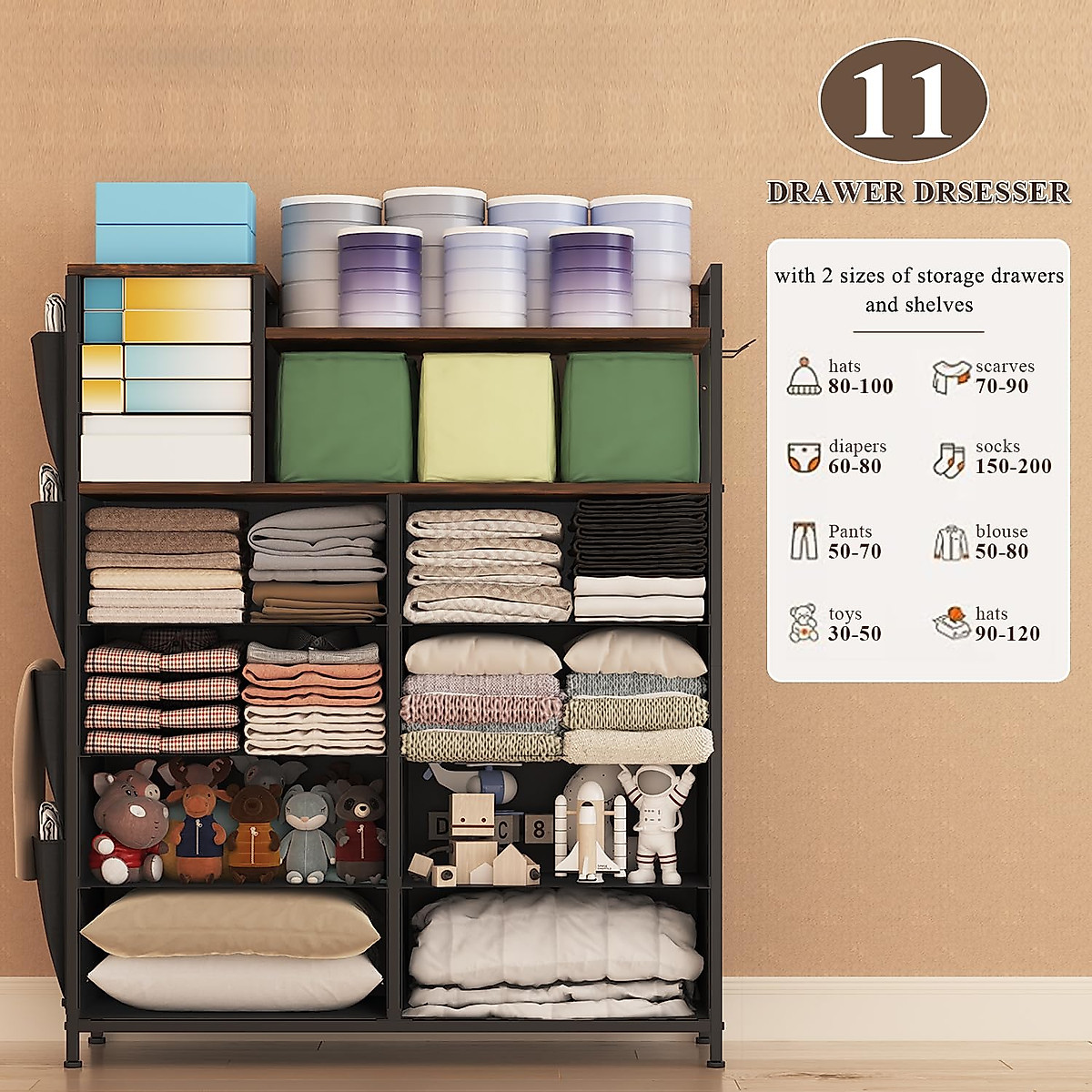 DRAWERHOM 11 Drawers Dresser for Bedroom, Dresser TV Stand with Power Outlets and LED Lights for 55'' TV, Fabric Chest of Drawers with Side Pocket, PU Finish, Sturdy Frame & Wood Top, Rustic Brown