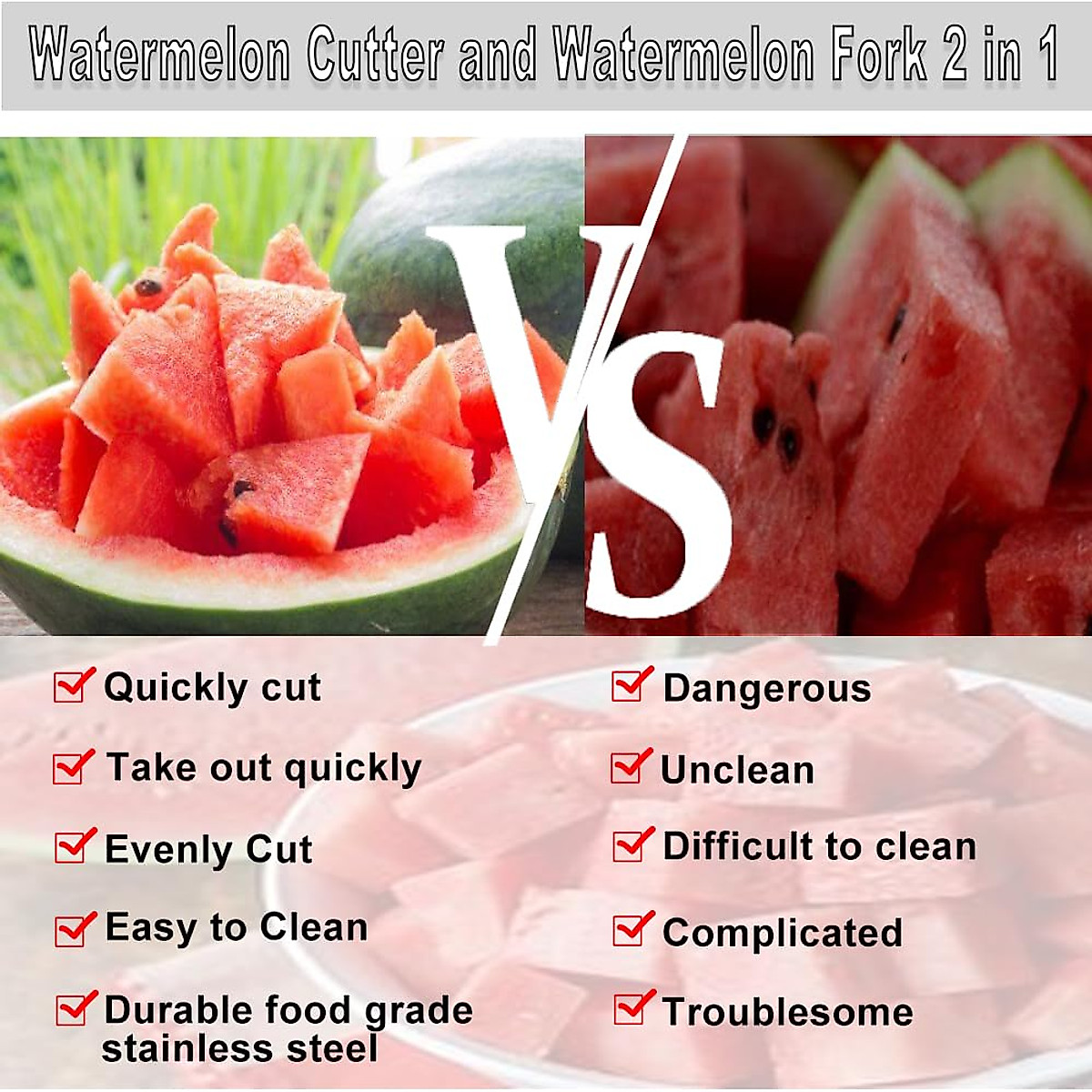 Watermelon Cutter - Watermelon Cutter Slicer Tool & Watermelon Fork 2-In-1, Stainless Steel Cut Watermelon Knife Melon Cutter Slicer, Cantaloupe Cutter for Home Party Camping Kitchen Gadget -1Pcs