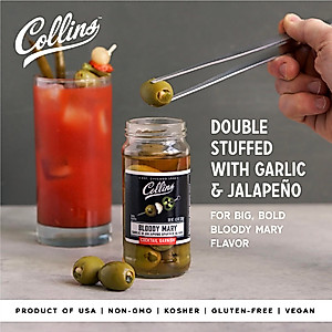 Collins Jalapeno Garlic Stuffed Cocktail Olives, Gourmet Martini Olive Cocktail Garnish, Dirty Martini Olives, Bloody Mary, Jalapeno Olives Garlic Olives 4.5oz