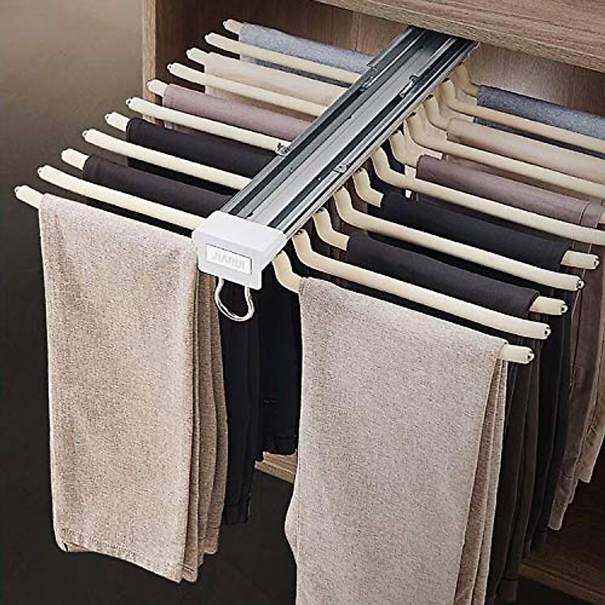MYOYAY Pull Out Trousers Rack 22 Arms Steel Pull Out Pants Rack Pants Hanger Bar Clothes Organizers for Closet for Space Saving and Storage Maximum Load 33lbs Beige 23.4x18x5.7inch