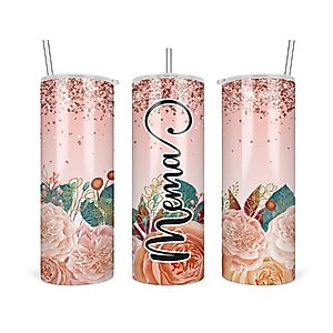 TunlaStore Flower Mema Tumbler - Mema Gifts - Best Mema Tumbler - Mema Travel Mug - Floral Mema Tumbler 20Oz Flower Tumblers Skinny Stainless Steel - Birthday Christmas Gifts New Mema, White