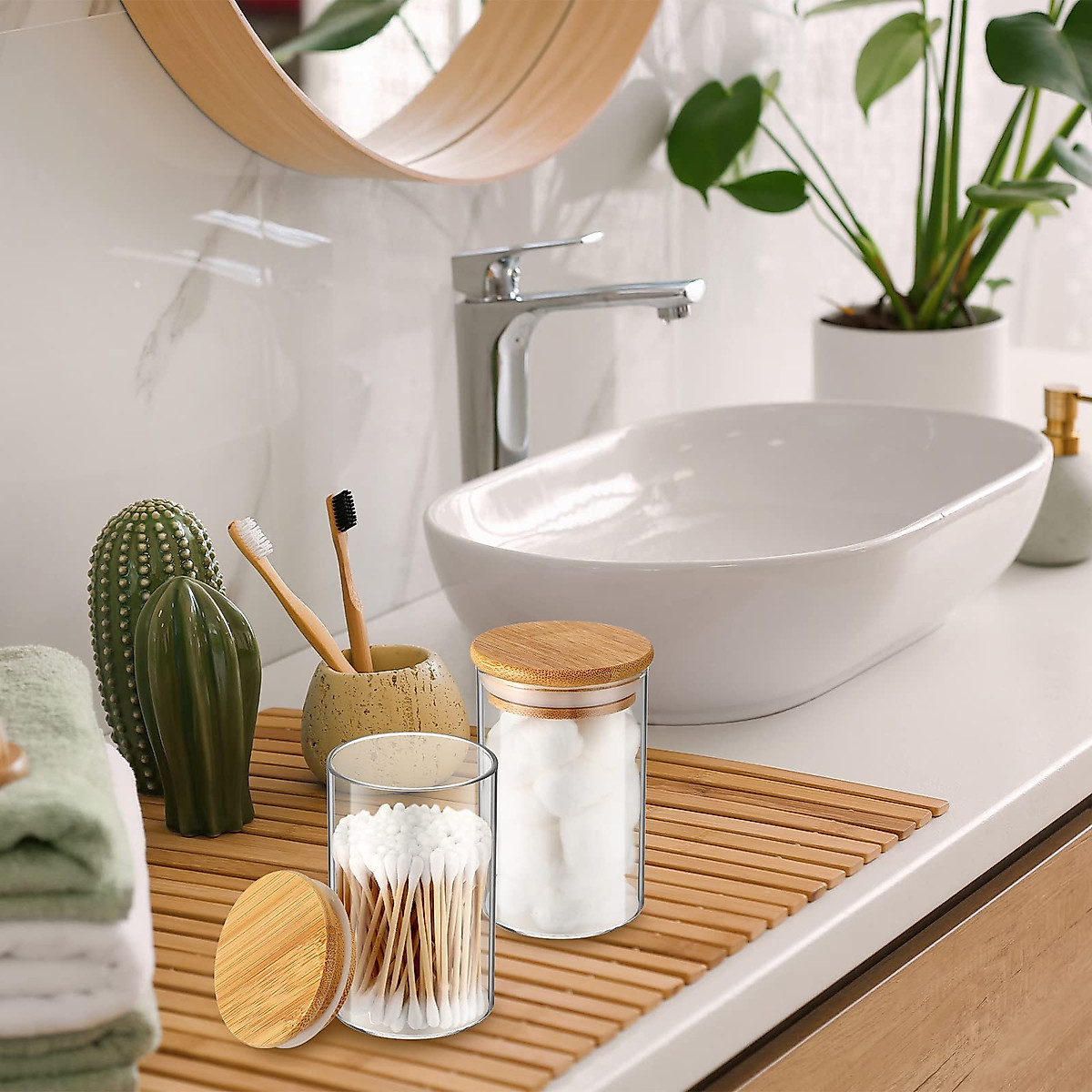 Irenare 6 Pack Glass Apothecary Jars with Lids Bamboo Bathroom Accessories Cotton Balls Pads Swabs Holder Jar Bathroom Canisters for Vanity Accessories Storage