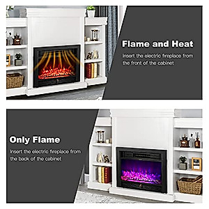 Tangkula 70" Mantel Fireplace TV Stand, 750W/1500W Electric Fireplace Heater Insert Cabinet w/Remote Control, 1-8H Timer, 5-Brightness & 3-Color Flame, Media Console Center w/Open Shelves (White)