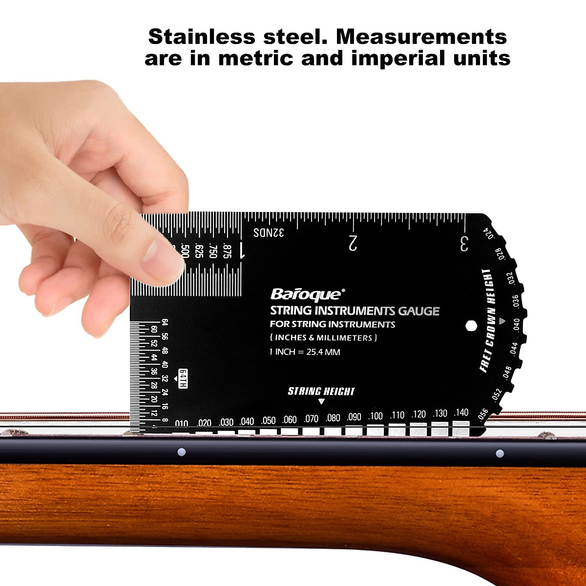 String Action Gauge Ruler, Guitar Set Up Gauge,Multifunctional Guitar Fret Rocker Luthier Tool with Thick Leather Case,Precise Etched, Polished Edge (Inch and Metric)