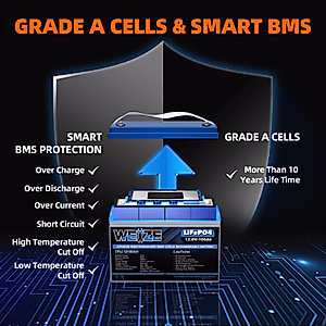 Weize 12V 100Ah LiFePO4 Lithium Battery, Built-in Smart BMS, Low Temperature Protection Group 31 Deep Cycle Battery for Trolling Motor, RV, Solar, Marine, Camping and Off Grid Applications