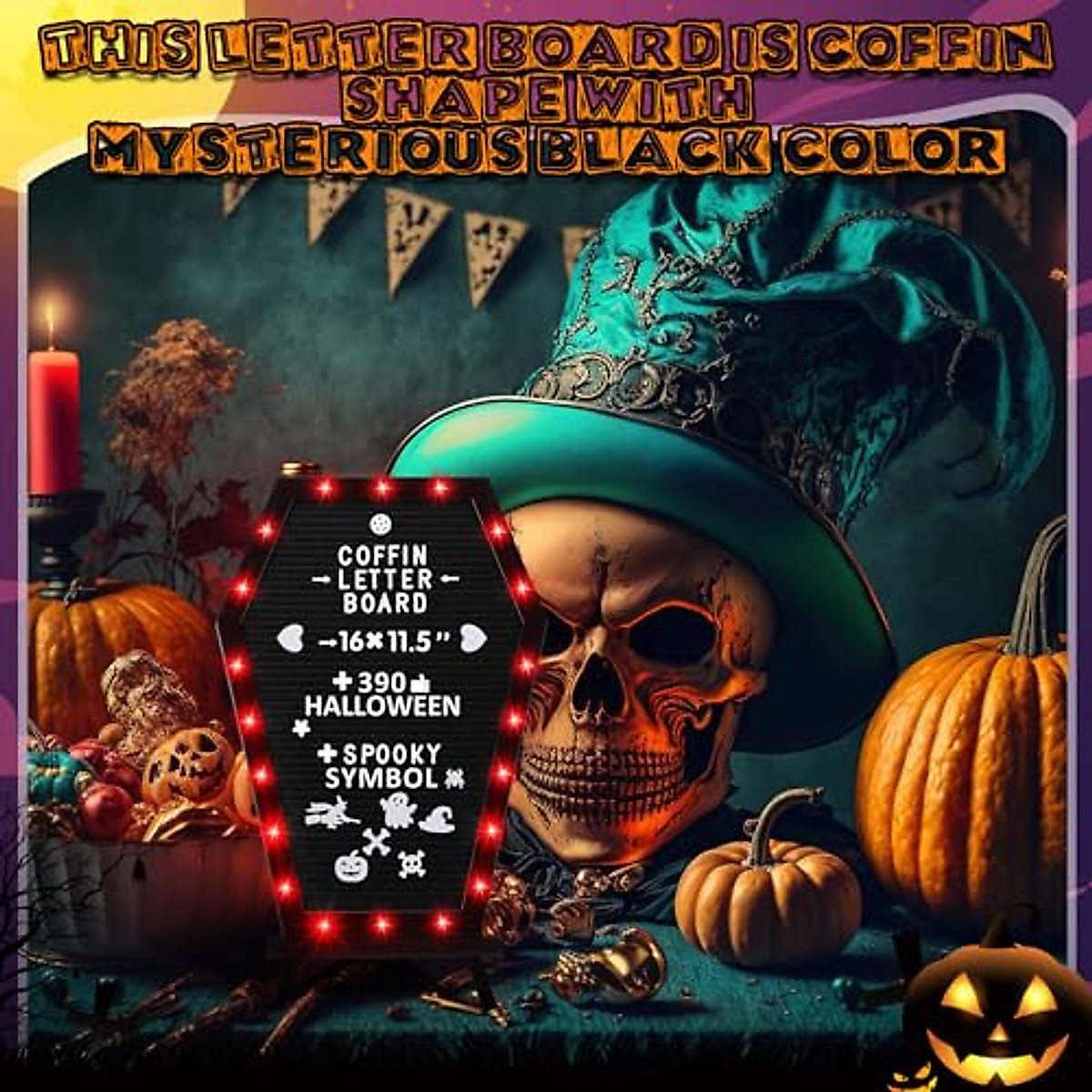 PerKoop LED Coffin Letter Board Gothic Letter Board Lights Up Halloween Felt Letter Board Sign with Spooky Letter Stand Gothic Decor Halloween Movie Night Decoration(Black)