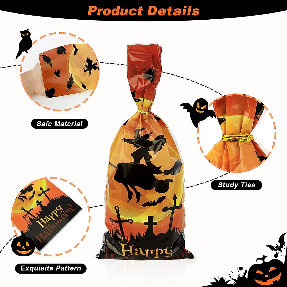 Halloween Treat Bags, Halloween Cellophane Treat Bags, 50 PCS Halloween Candy Bags, Halloween Cello Cookie Goodies Gift Bags with 50pcs Ties for Halloween Trick or Treat Party Favors Supplies, 5 Style