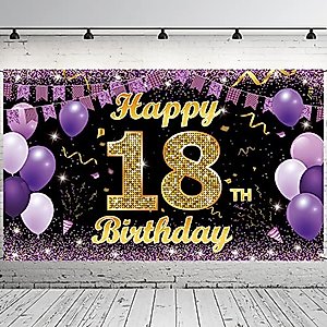 18th Birthday Decoration Backdrop Banner, Happy 18th Birthday Decorations for Girls, Gold Purple 18 Birthday Party Photo Booth Props, 18th Birthday Poster Sign for Her, Fabric 6.1ft x 3.6ft Vicycaty