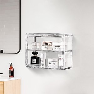 Medicine Cabinet Wall Mounted, Small Bathroom Wall Cabinet with Detachable Partitions and Waterproof Frame, Self Adhesive Farmhouse Storage Cabinet for Smooth Wall Surface and Countertop - Clear S