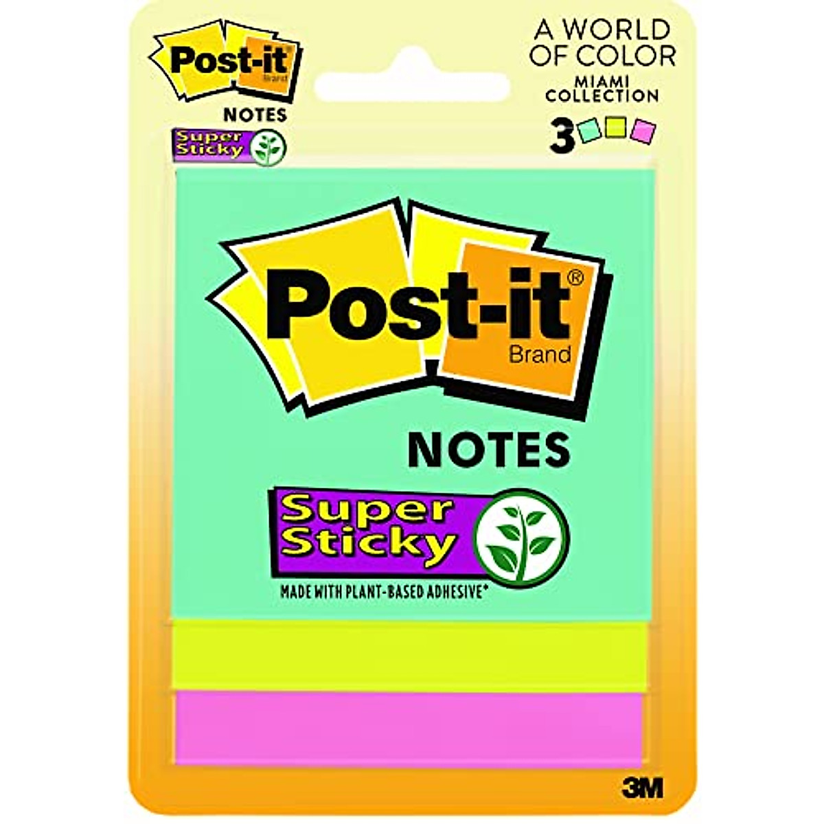 Post-it Super Sticky Notes, 3x3 in, 4 Pads, 2x the Sticking Power, Supernova Neons, Neon Colors, Recyclable(3321-SSAN-B)