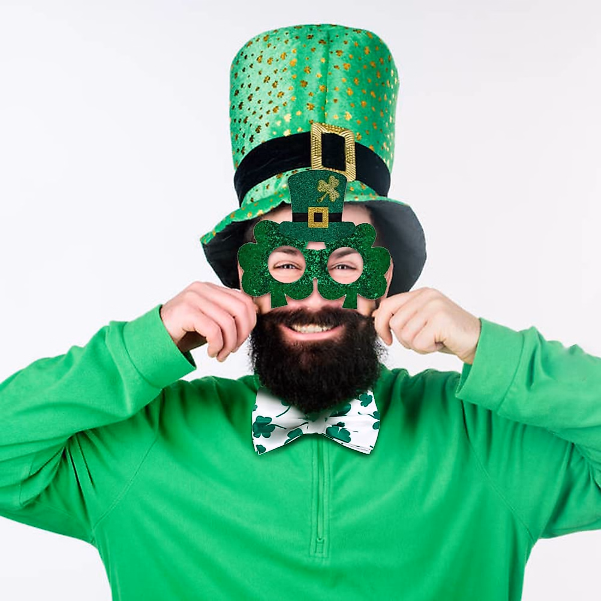 AMS St Patricks Day Suspenders Accessories Decor Women/Men' s Irish Green Party Decorations with a Bow-tie,a Tie,a Pair of Glasses (Set, Green)