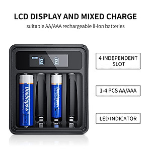 Doublepow AAA Lithium Batteries with LCD Battery Charger,Lithium AAA Batteries with 4 Slot Individual Battery Charger,Rechargeable AAA Battery,Triple AAA Batteries,8 Pack of AAA Rechargeable Battery