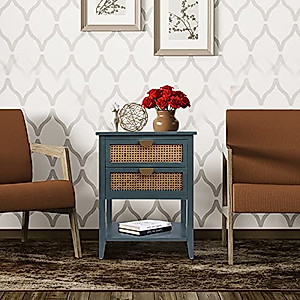 PEIHONGET Nightstands with 2 Drawers, Rattan Night Stand Bedside Table End Table Standing Storage Cabinet Organizer Dresser Drawer and Shelf for Entryway, Living Room, Bedroom, Nursery(Green)