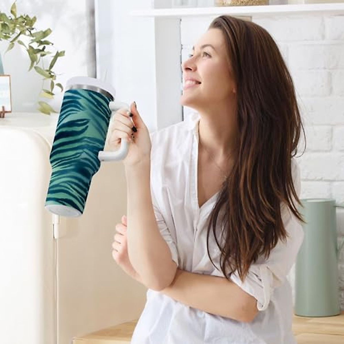 Burbuja Blue Green Zebra Skin 40oz Insulated Tumblers with Handle and Straw Lid, Double Wall Stainless Steel Travel Mug Leak-Proof, BPA Free, Gift for Mom Dad