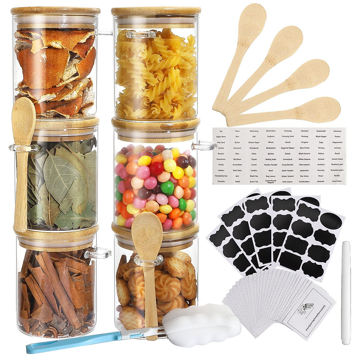 Set of 6 Spice Jars with Bamboo Lids, 16oz Glass Jars with Airtight Bamboo Lids & Bamboo Spoons Labels Pen Clean Brush Glass Storage Containers for Pantry Organization,Candy,Cookie, Tea and Spice Jar