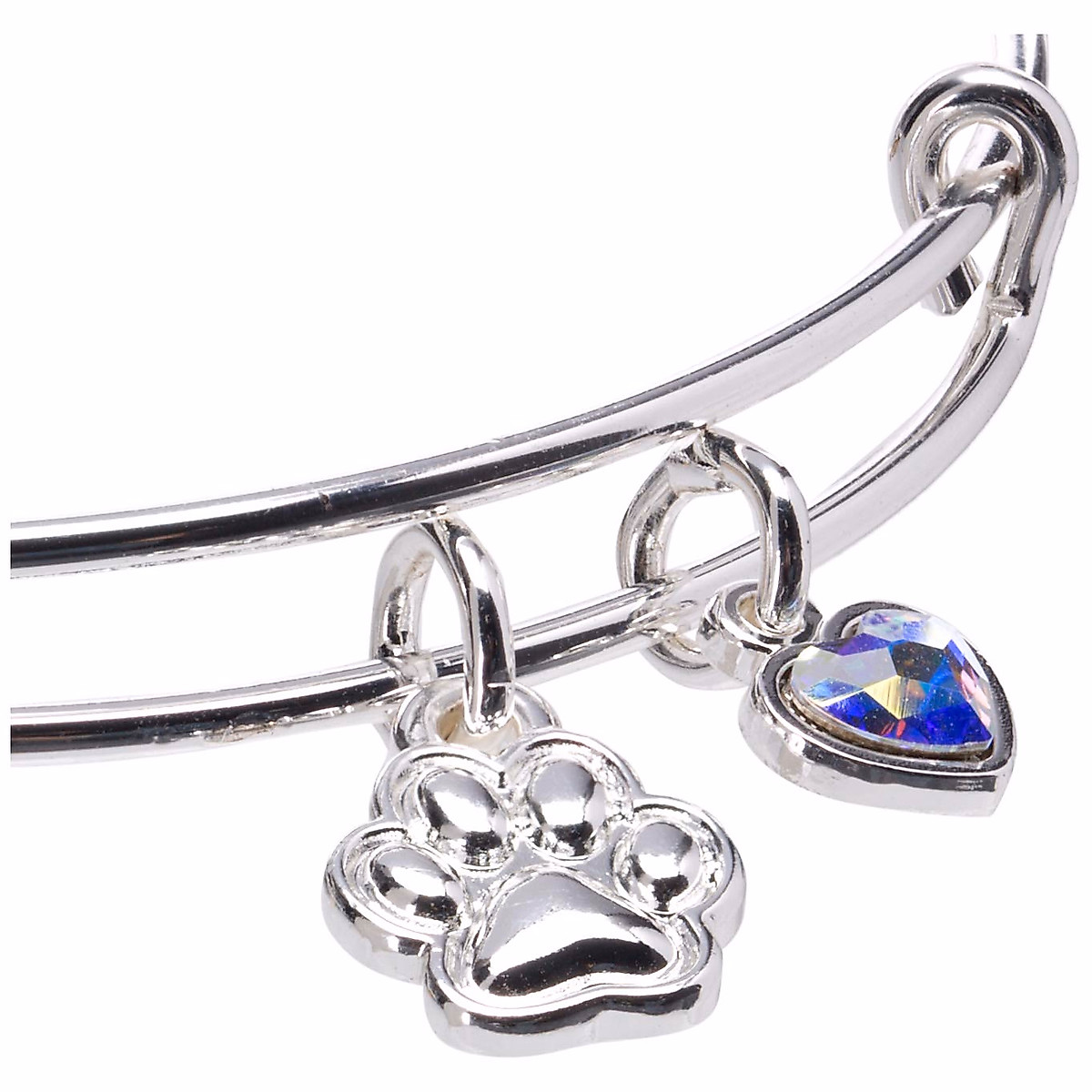 Alex and Ani Tokens Expandable Wire Bangle Bracelet for Women, Paw Print Duo Charm, Shiny Silver Finish, 2 to 3.5 inches