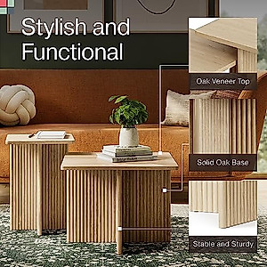Square Fluted Nesting Coffee Table - 2 Piece Square Coffee Table Set - Living Room Furniture - Modern Home Decor - Solid Oak Base (Natural Oak)