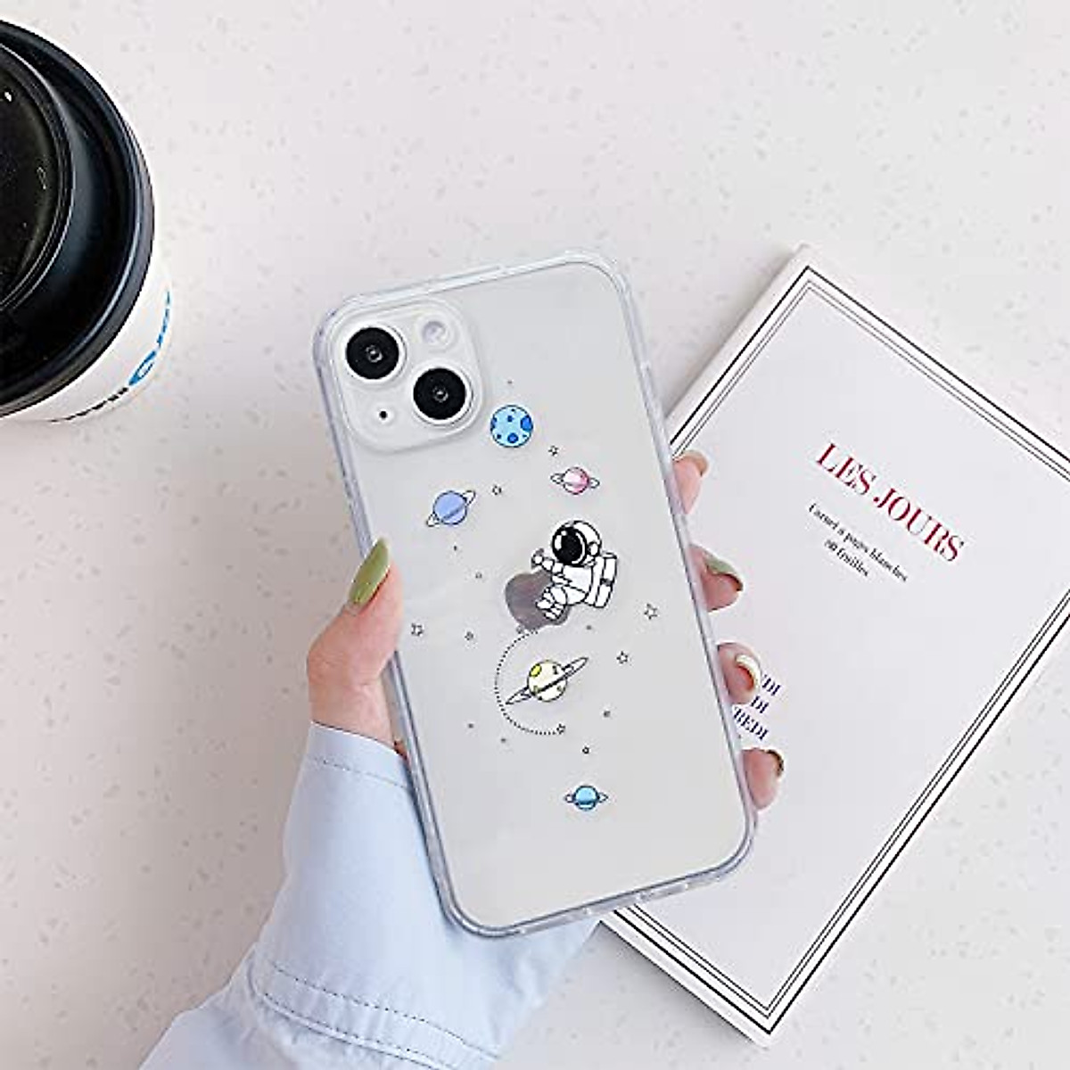 NITITOP Compatible with iPhone 14 Case Clear Cute with Astronaut Outer Space Aesthetic Planet Star Creative Pattern, for Women Girl Soft TPU Shockproof Cover for iPhone 14-Embrace