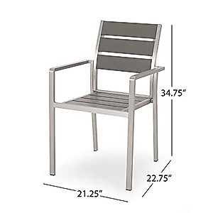 Belle Outdoor Modern Aluminum Dining Chair with Faux Wood Seat (Set of 2), Gray and Silver