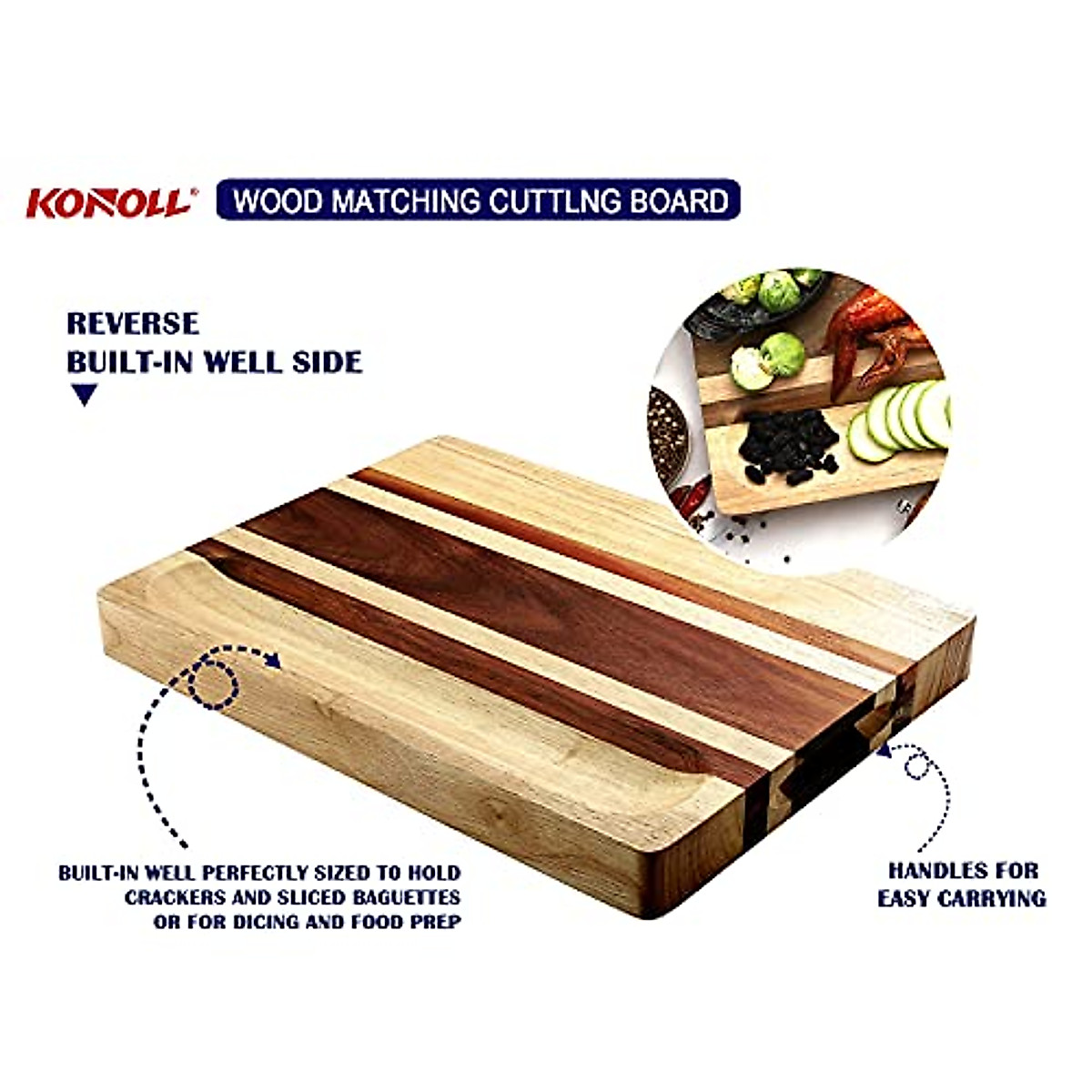 KONOLL Large Acacia Oak Wood Cutting Board for Kitchen Multipurpose Chopping Board with Juice Groove & Built-in well for Meat, Cracker, Vegetables and Cheese, 15 x 12 x 1.5 Inch