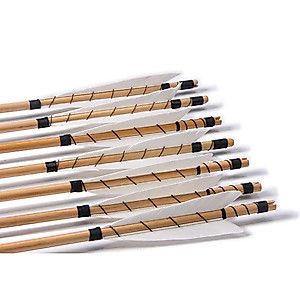PG1ARCHERY Archery Hunting Arrows, 12 Pack Traditional Target Wooden Arrow 5" Turkey Feathers Fletching with Vintage Broadheads Tips White