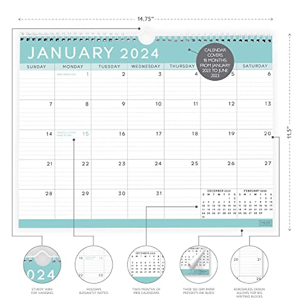 S&O Basic Teal Business Wall Calendar from Jan 2023-Jun 2024 - Tear-Off Monthly Calendar for Office - 18 Month Academic Wall Calendar 2023-2024 - Hanging Calendar with Monthly Mini-Calendars - 10.5x13.5”in