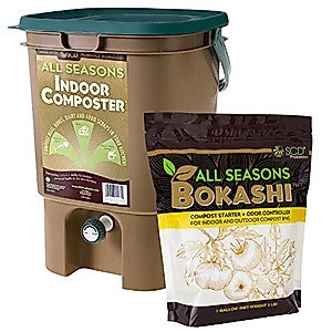 All Seasons Indoor Composter Kit, 5-Gallon Dark Tan Countertop Kitchen Compost Bin with 2 lbs. (1 Gallon) of Bokashi - Easily Compost in Your Kitchen After Every Meal by SCD Probiotics