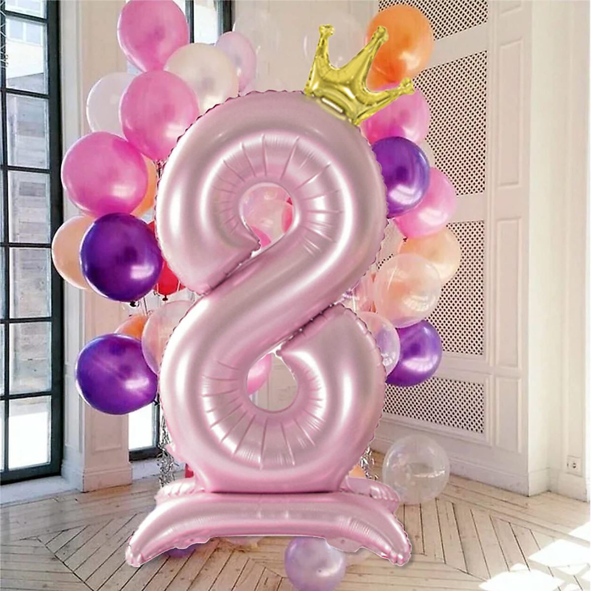 Tellpet Crown Pink Number 8 Balloon with Base For Girls 8th Birthday Party Decoration