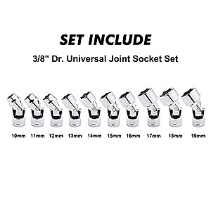 CASOMAN 3/8" Drive Universal Joint Socket Set- 10 Piece Flex Socket Set, 6-Point, Cr-V, Metric, 10-19mm