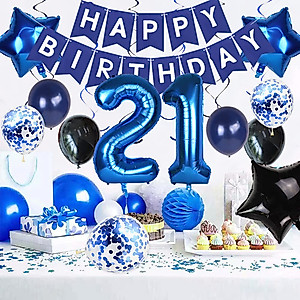 YUNXUAN 21st Birthday Decorations, 21st Birthday Decorations for Him, Happy Birthday Banner Blue Number 21 Foil Balloon for 21st Anniversary Decorations Birthday Party Backdrop
