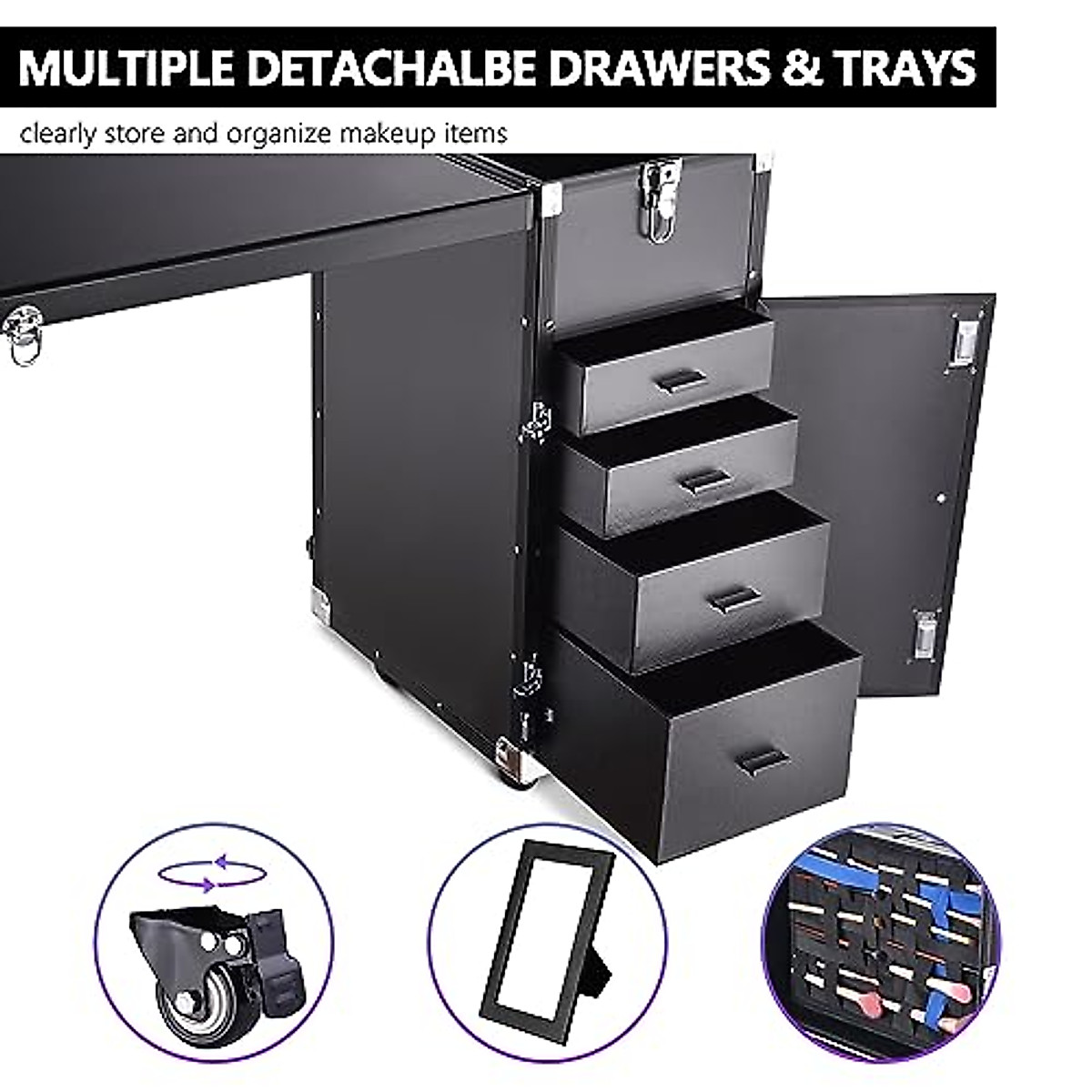 Bei Cheng Rolling Manicure Desk Makeup Train Case Travel Cosmetic Trolley Storage Organizer Nail Tables for Technician Workstation Makeup Salon with 4 Drawers Mirror & Speaker Black