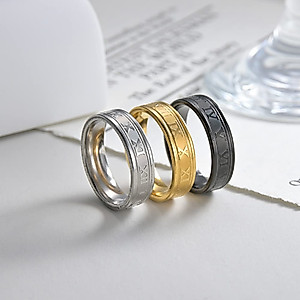 Elefezar Stackable Raised Roman Numeral Ring Stainless Steel 6MM Flat Band Jewelry for Women Men Black 13